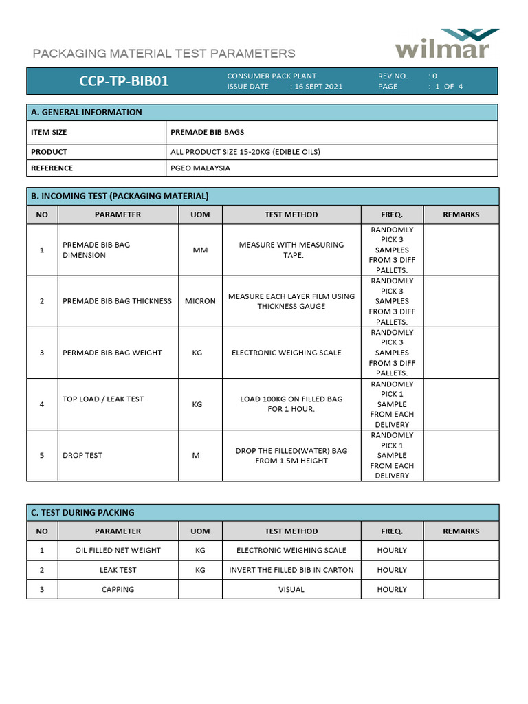 CCP-TP-BIB01 (REV0-161921) - BIB Bag Premade Test Parameter | PDF ...