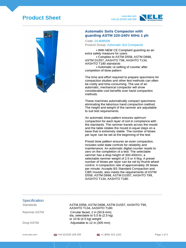 Automatic Soils Compactor With Guarding ASTM 220-240V 60Hz 1 PH | PDF