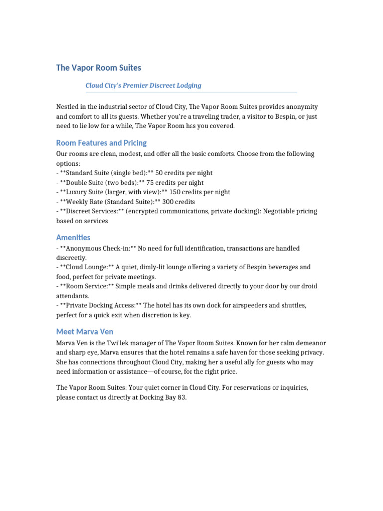 The Vapor Room Suites Handout With Pricing | PDF