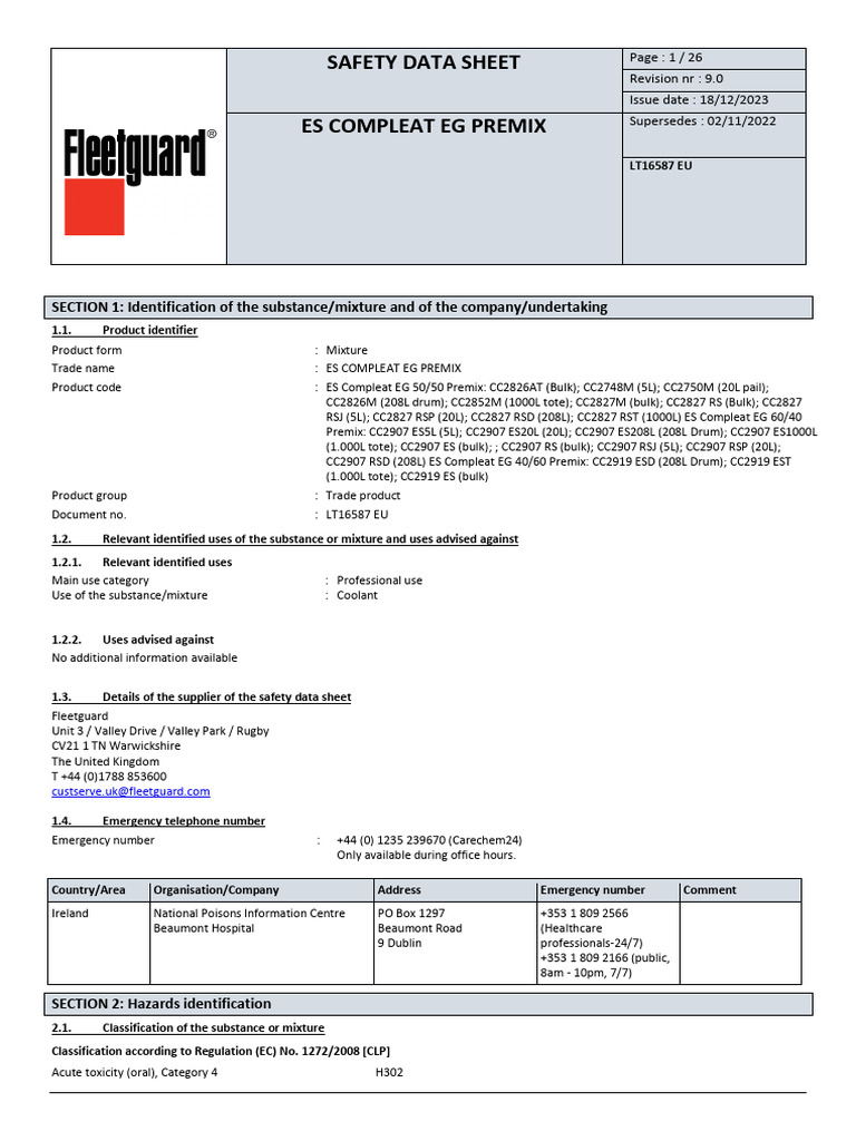 Msds Es Compleat Eg Premix Lt16587eu 2023 | PDF | Firefighting | Carbon Dioxide