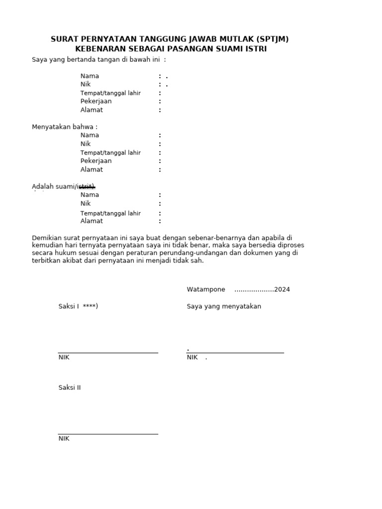 SPTJM Kebenaran Sebagai Pasangan Suami Istri | PDF | Hukum