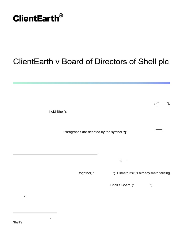 Presentation Legal Briefing Clientearth V Board of Directors of Shell ...