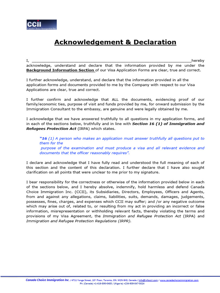 Acknowledgement Declaration Form | PDF | Travel Visa | Indemnity