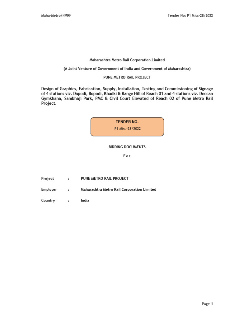 Pune Metro Signage Tender P1 Misc-28/2022 | PDF | Specification ...
