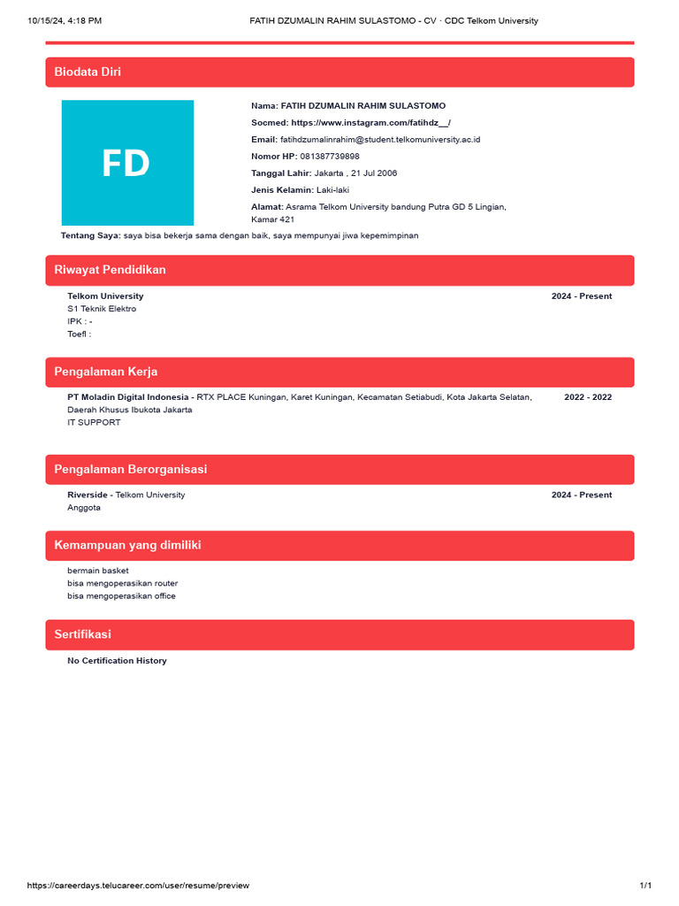 FATIH DZUMALIN RAHIM SULASTOMO - CV CDC Telkom University | PDF ...