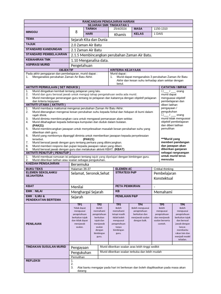 RPH SMK Minggu 8 Sejarah Tingkatan 1 2024 2025 by Cikgu Gorgeous | PDF