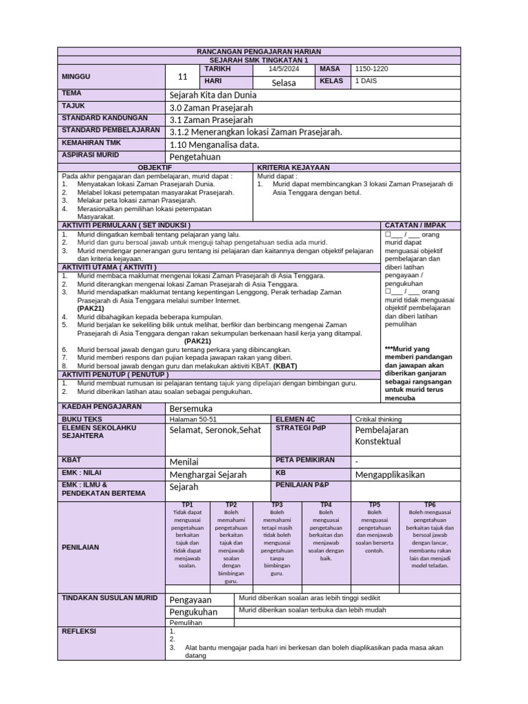 RPH SMK Minggu 11 Sejarah Tingkatan 1 2024 2025 by Cikgu Gorgeous | PDF | Kesehatan Holistik