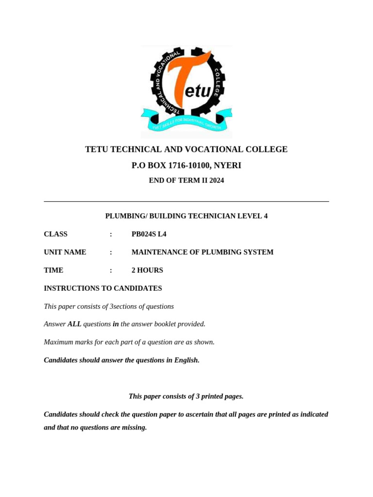 Plumbing Maintenance Exam Paper Level 4 | PDF | Plumbing | Building ...