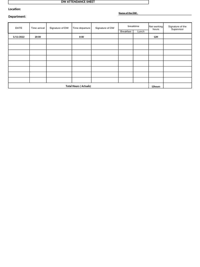 Attendance Sheet For Daily Worker | PDF