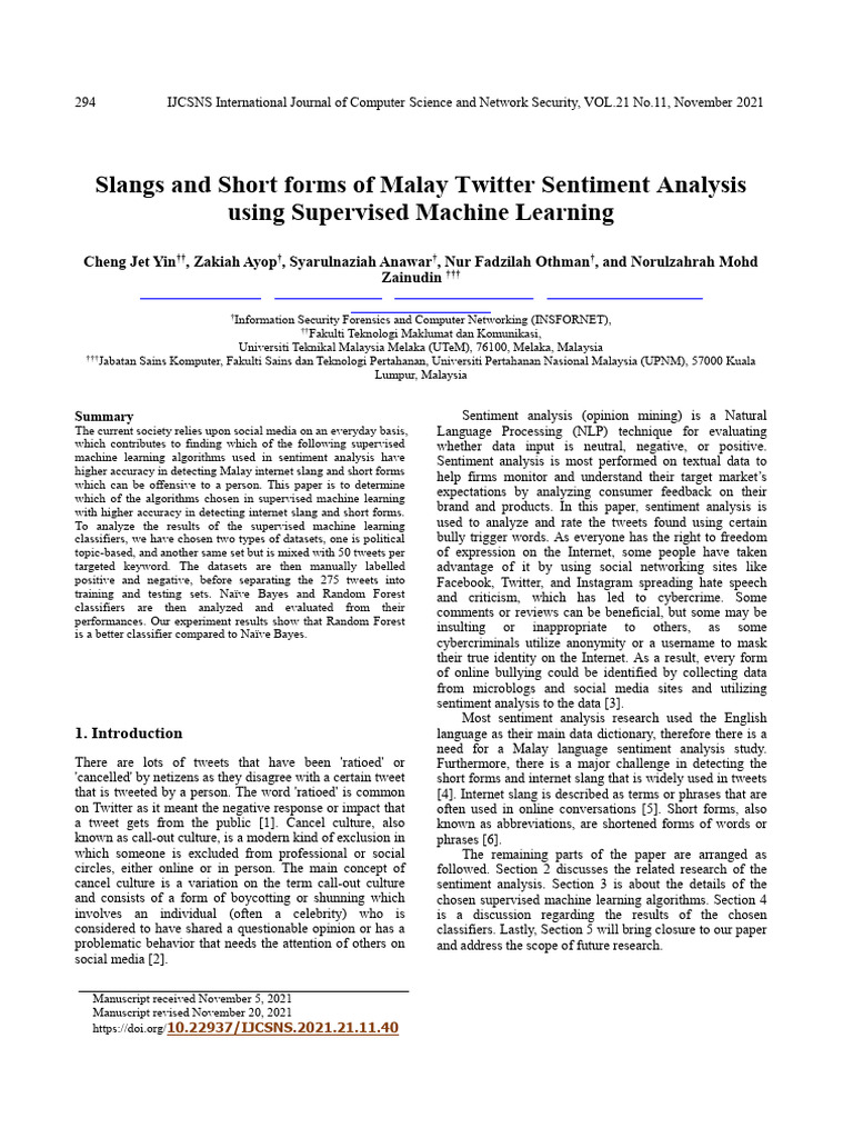 Slangs and Short Forms of Malay Twitter Sentiment Analysis Using Supervised Machine Learning ...