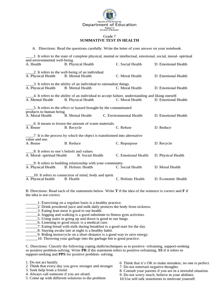 Grade 7 Health Summative Test Guide | PDF | Mental Health | Psychology