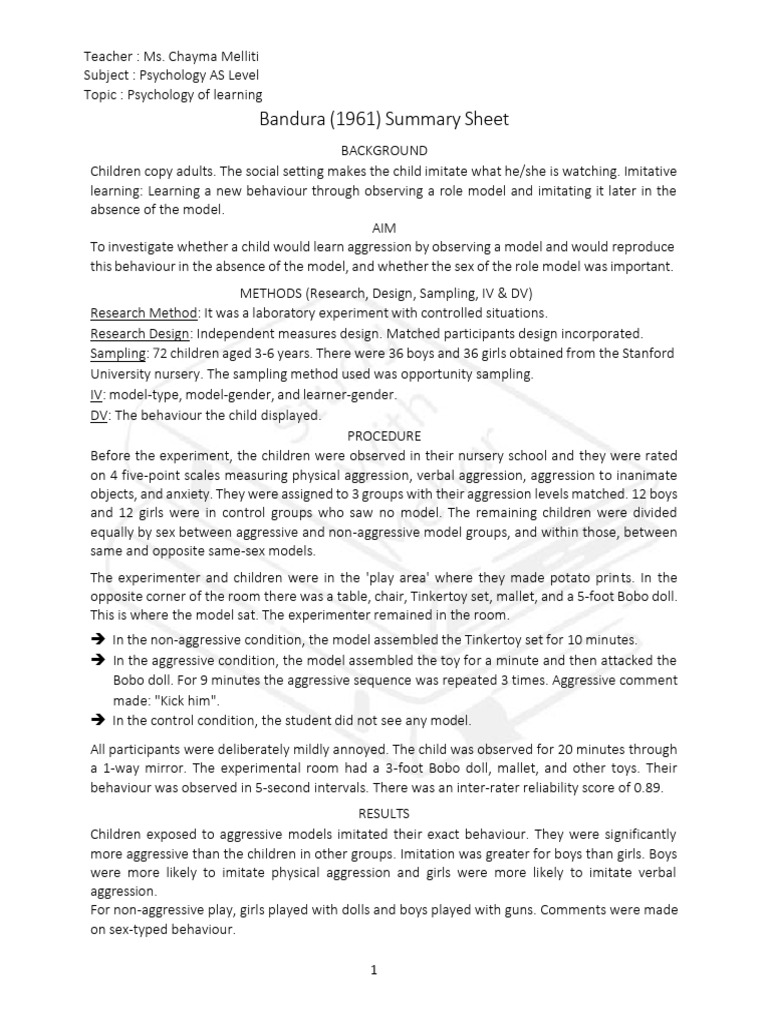 Bandura Et Al. (1961) Summary Sheet | PDF | Psychology | Psychological ...