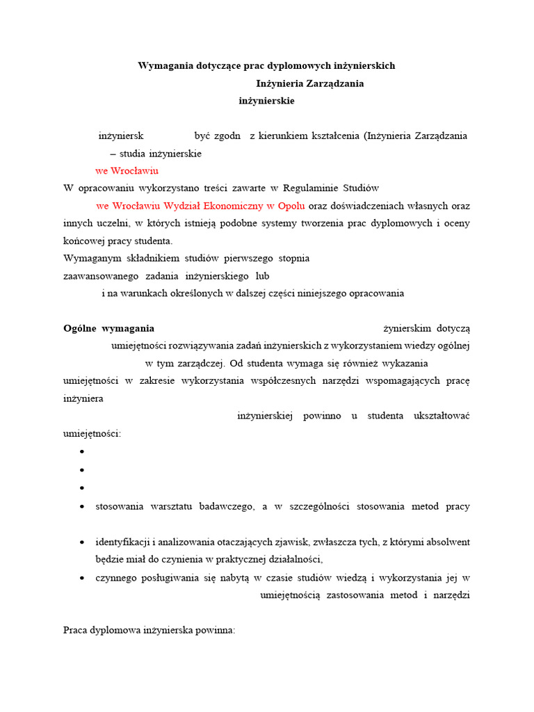 Wymagania Dotyczące Prac Dyplomowych Inżynierskich | PDF