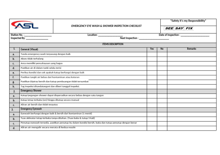 Bahasa Version - Emergency Eyewash & Shower Checklist | PDF
