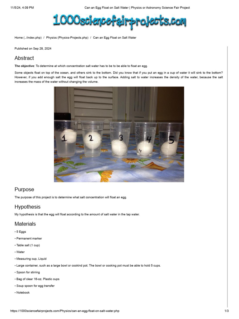 Can An Egg Float On Salt Water - Physics or Astronomy Science Fair ...