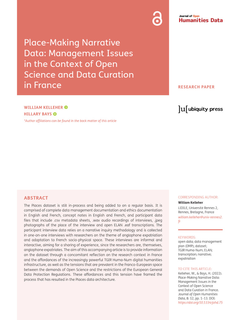 Kelleher, Bays - Place-Making Narrative Data | PDF | Metadata | Data