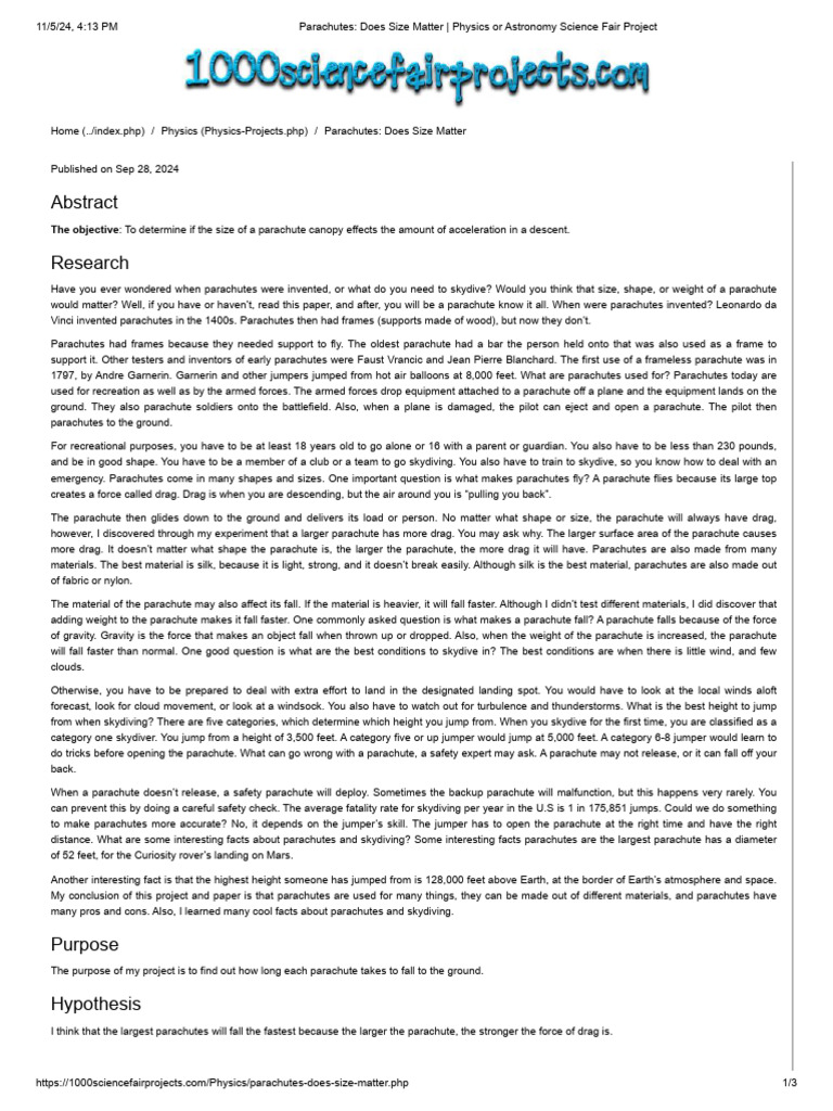 Parachutes - Does Size Matter - Physics or Astronomy Science Fair ...