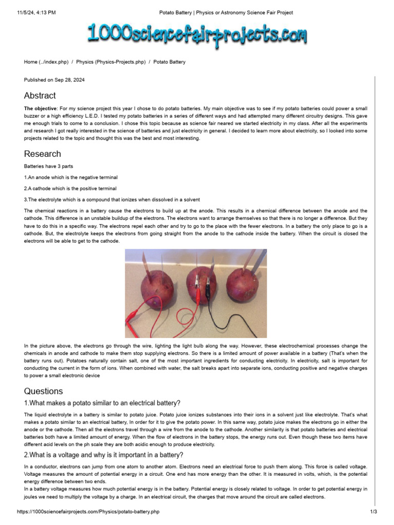 Potato Battery - Physics or Astronomy Science Fair Project | PDF ...