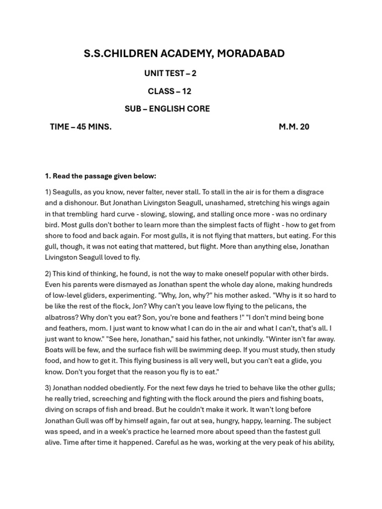 English Core - UNIT - 2 (Class - 12 TH) | PDF | Gull | Birds