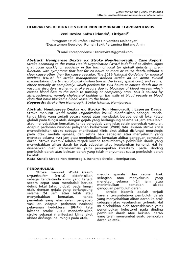 Hemiparesis Dextra pada Stroke Iskemik | PDF | Sains & Matematika