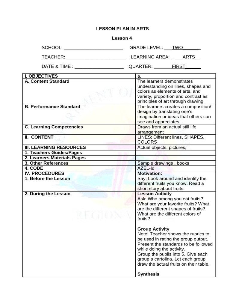 Arts G2 Lesson4 5 6 | PDF | Composition (Visual Arts) | Lesson Plan