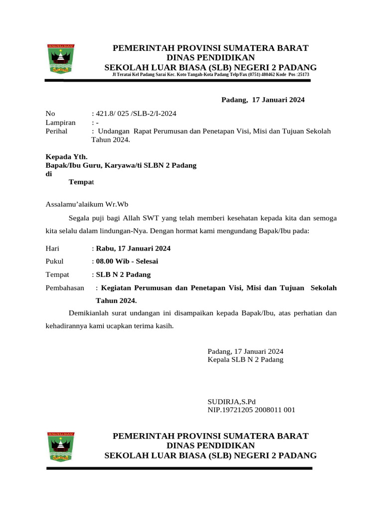 Undangan Rapat Penetapan Visi Misi Sekolah | PDF