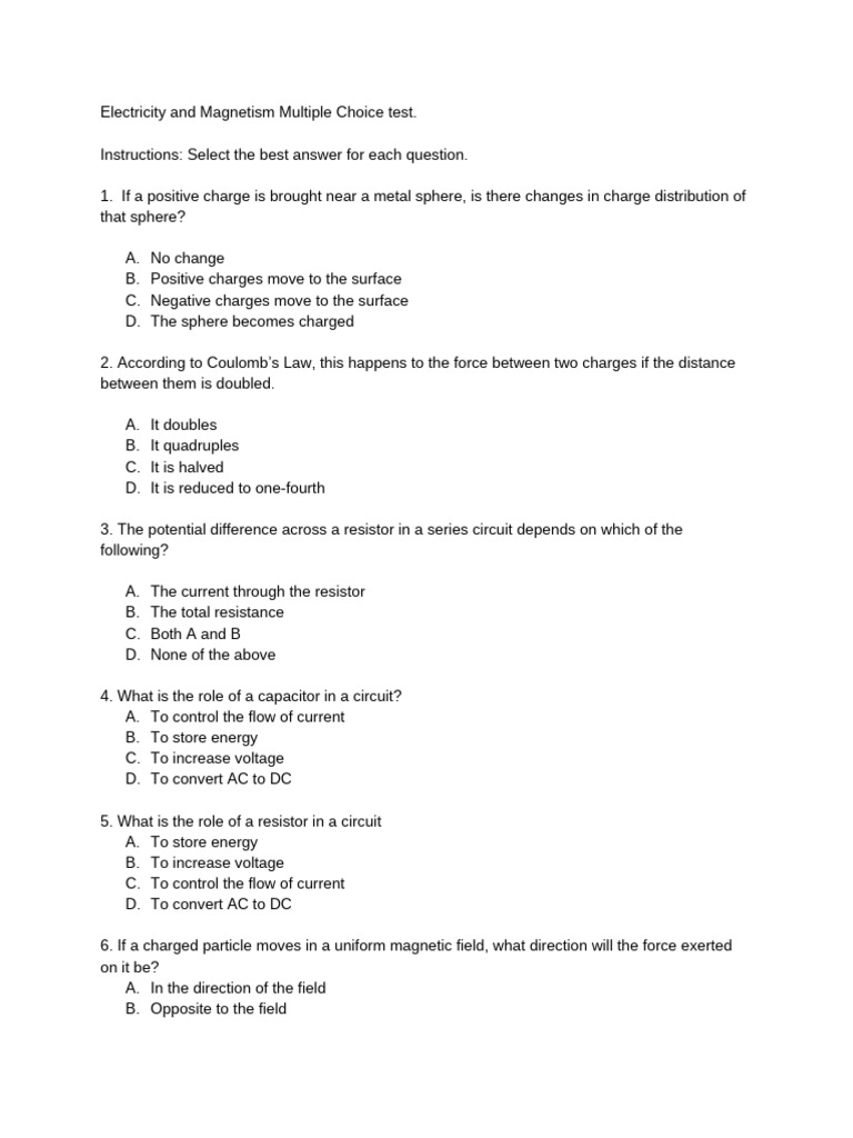 Electricity and Magnetism Multiple Choice Questionnaire | PDF | Voltage ...