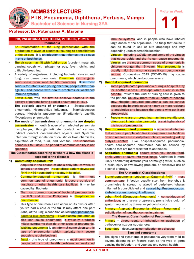 WK11 - PTB, Pneumonia, Diphtheria, Pertusis, Mumps | PDF | Pneumonia | Hospital Acquired Infection