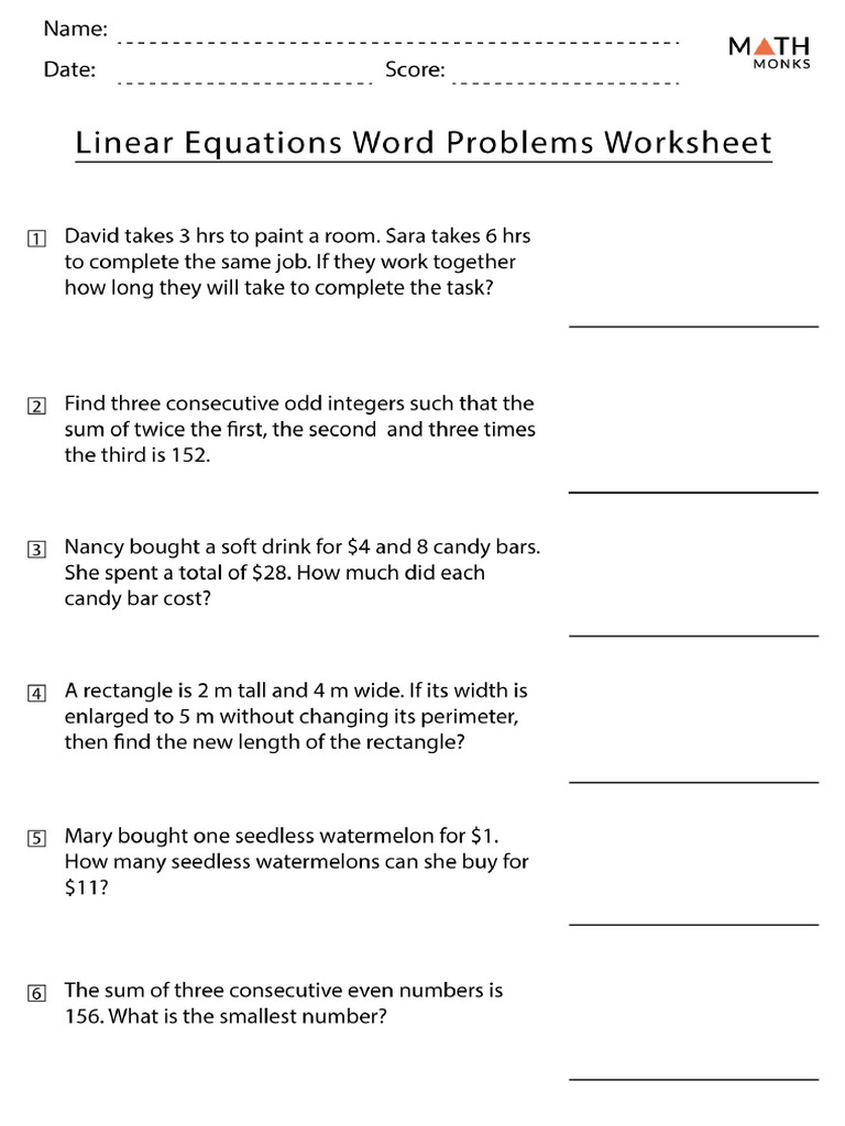 Linear Equations Word Problems Worksheet | PDF
