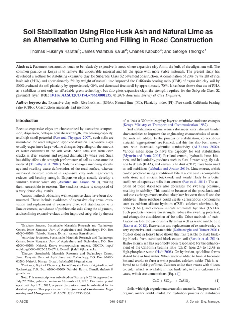 Soil Stabilization Using Rice Husk Ash and Natural Lime As An Alternative To Cuttin | PDF ...