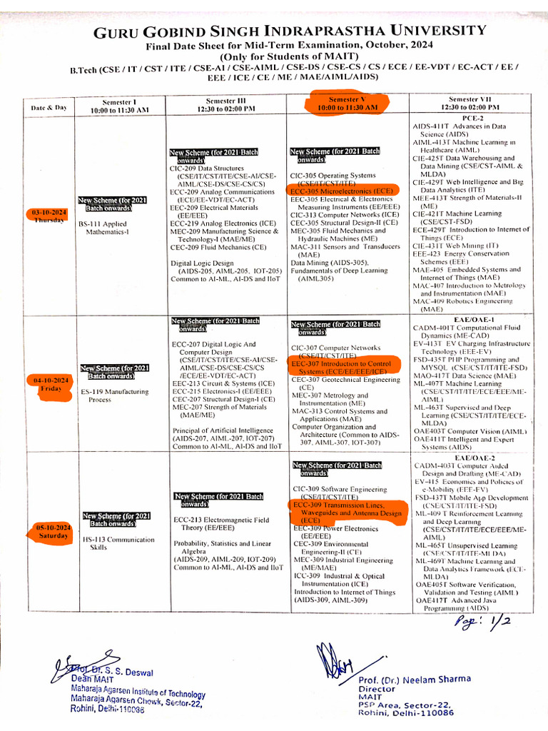 Final Date Sheet For Mid-Term Examination, October-2024 | PDF