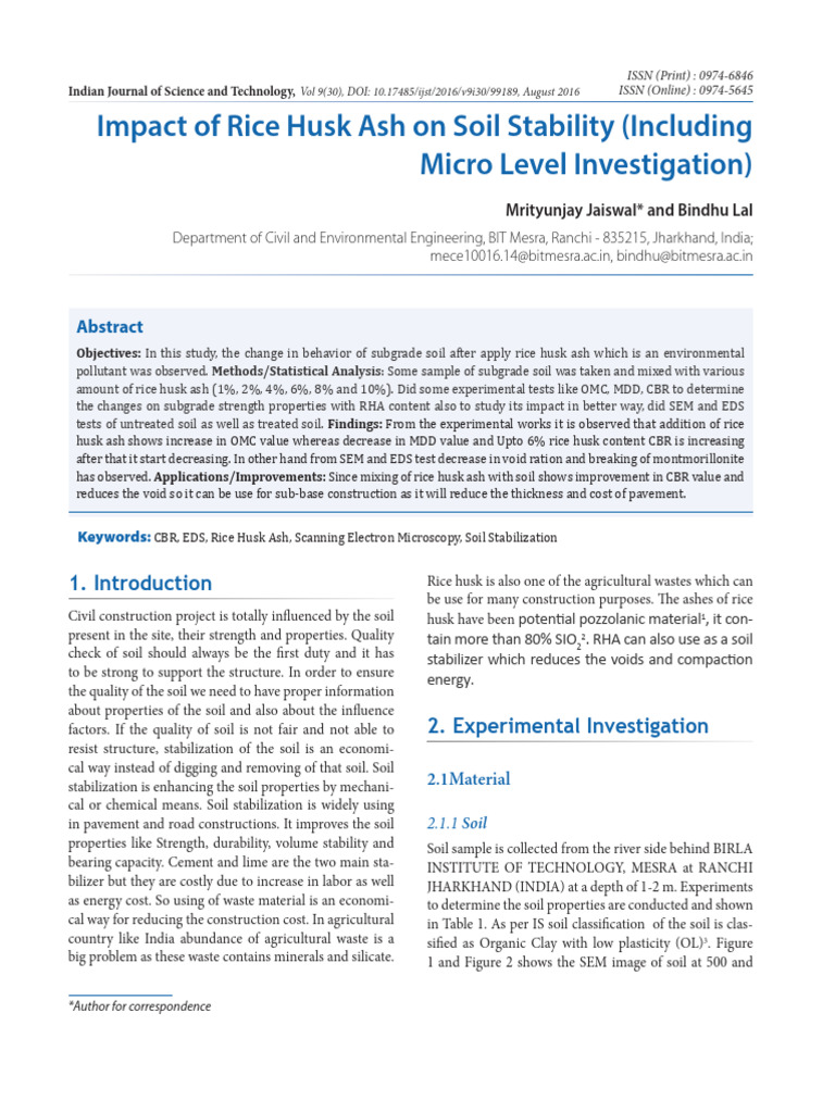 Rice Husk Ash Impact on Soil Stability | PDF | Energy Dispersive X Ray ...