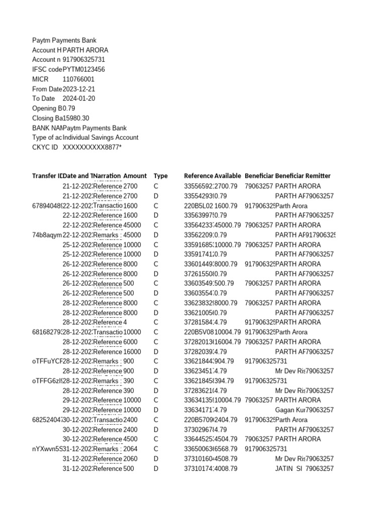 Paytm Bank Statement: Dec 2023-Jan 2024 | PDF | Banks | Financial ...