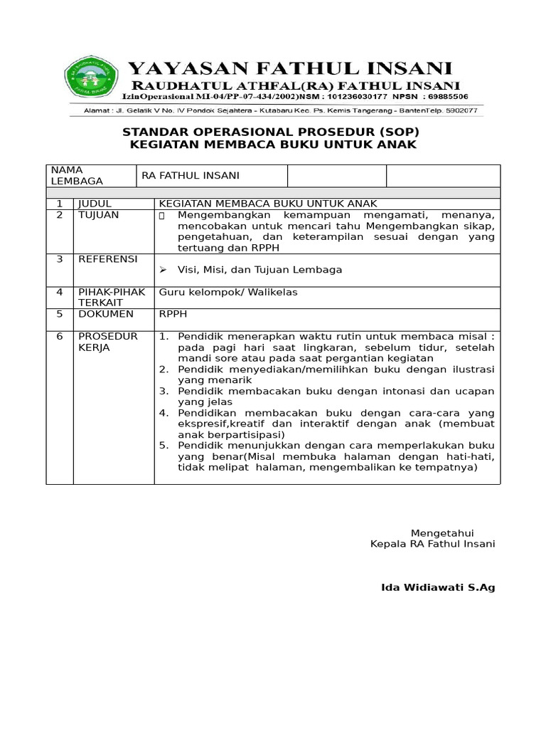 4 Sop Membaca Buku Untuk Anak | PDF | Pengembangan Diri | Kesehatan ...