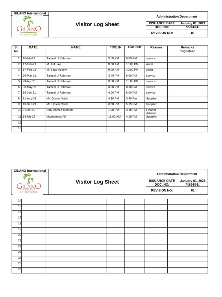 VS-04-041 Visitor Log Sheet V2 | PDF