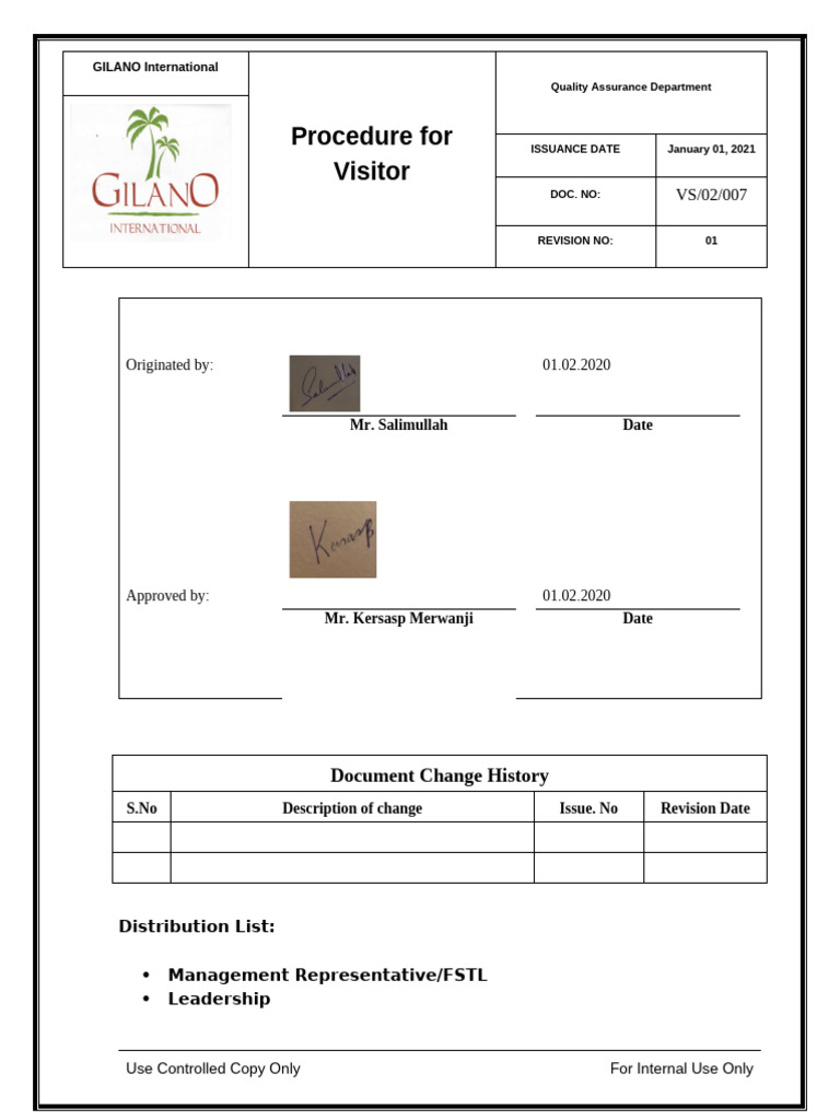 VS-02-007 Procedure For Visitors | PDF