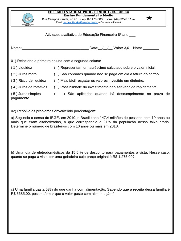 Atividade Avaliativa 1 2º Trim 8 Ano Ed Finan | PDF | Juros | Setor privado