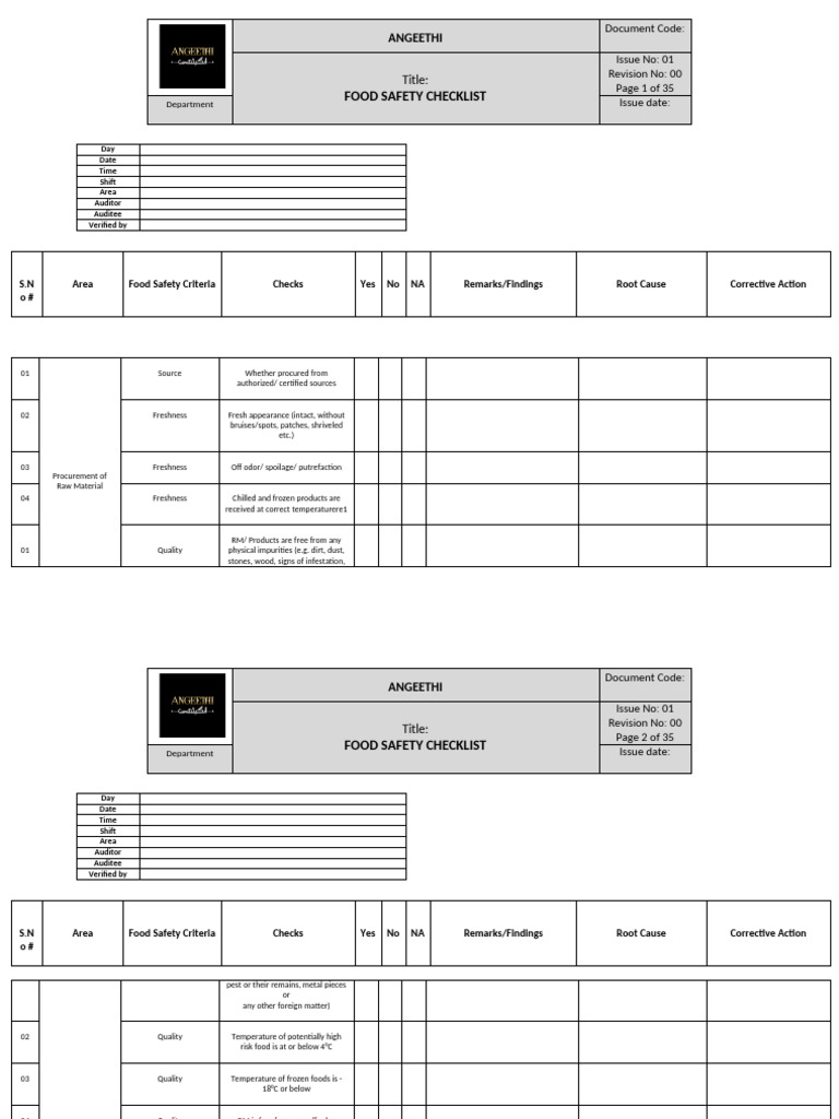 Food Safety Checklist by S.M.Sajid | PDF | Food Safety | Refrigeration