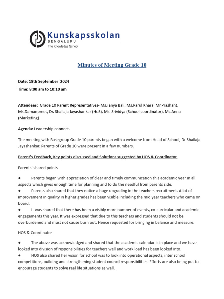 Minutes of Meeting Grade 10 - 18th Sep 2024 - 240924 - 195438 | PDF ...
