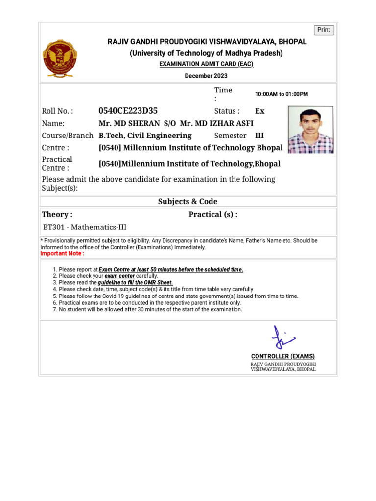 Admit Card RGPV Ex | PDF