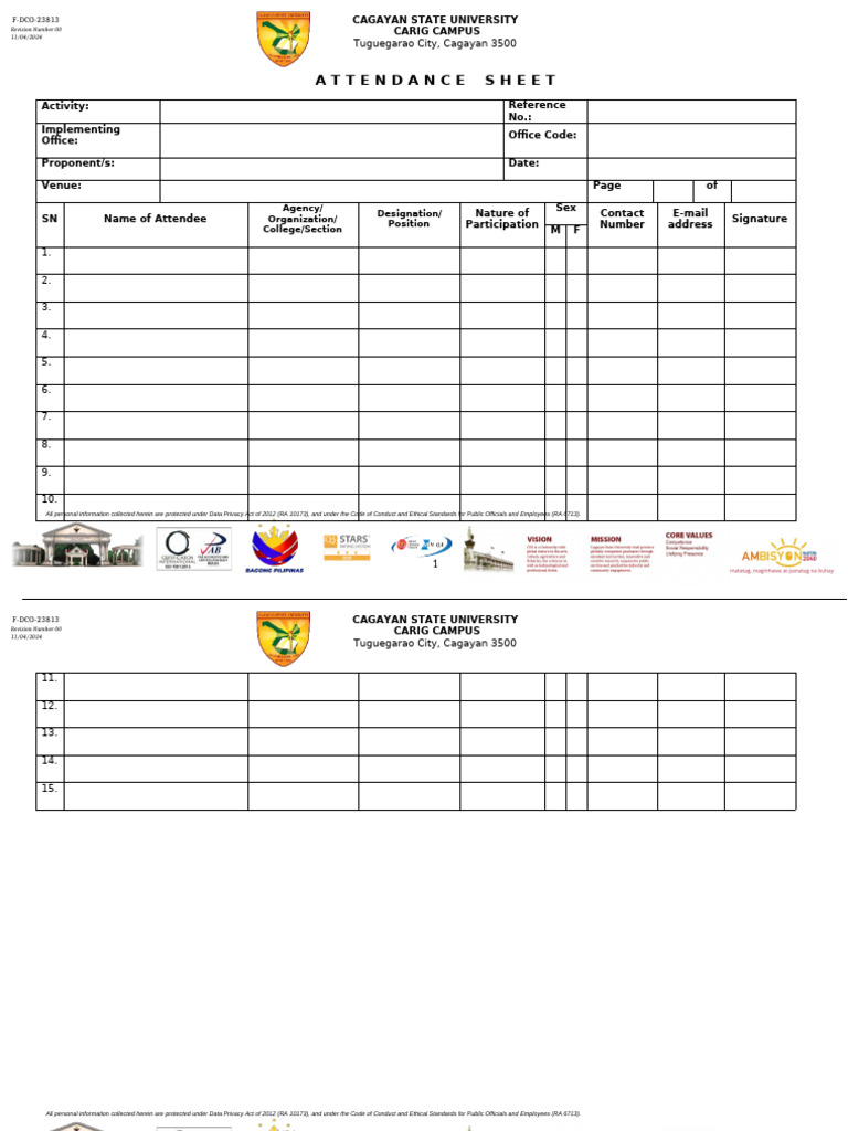 F Dco 23813 Attendance Sheet 1 2024 | PDF | Social Ethics | Information Privacy