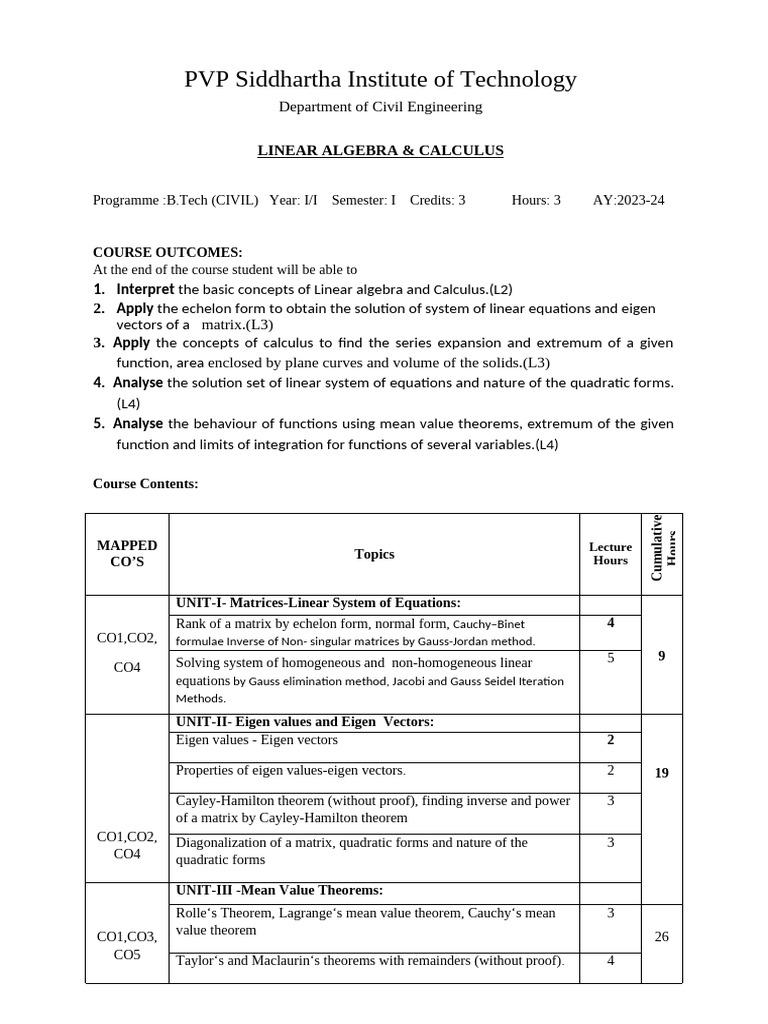 Linear Algebra & Calculus Course | PDF | Matrix (Mathematics) | Eigenvalues And Eigenvectors