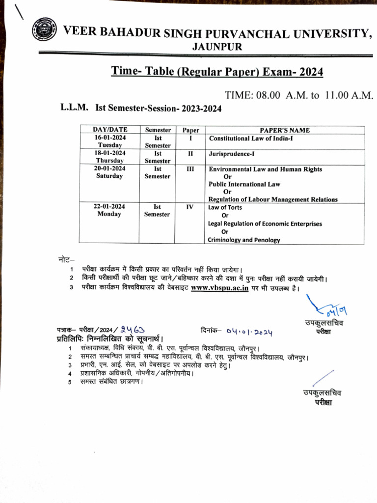 VBSPU LL.M 1st Semester Exam Timetable 2024 | PDF