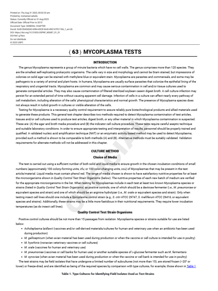Mycoplasma Testing Methods Guide | PDF | Mycoplasma | Organisms