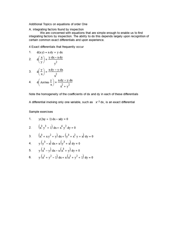 Lecture 6 - Integrating Factor by Inspection (Additional Topic) | PDF ...