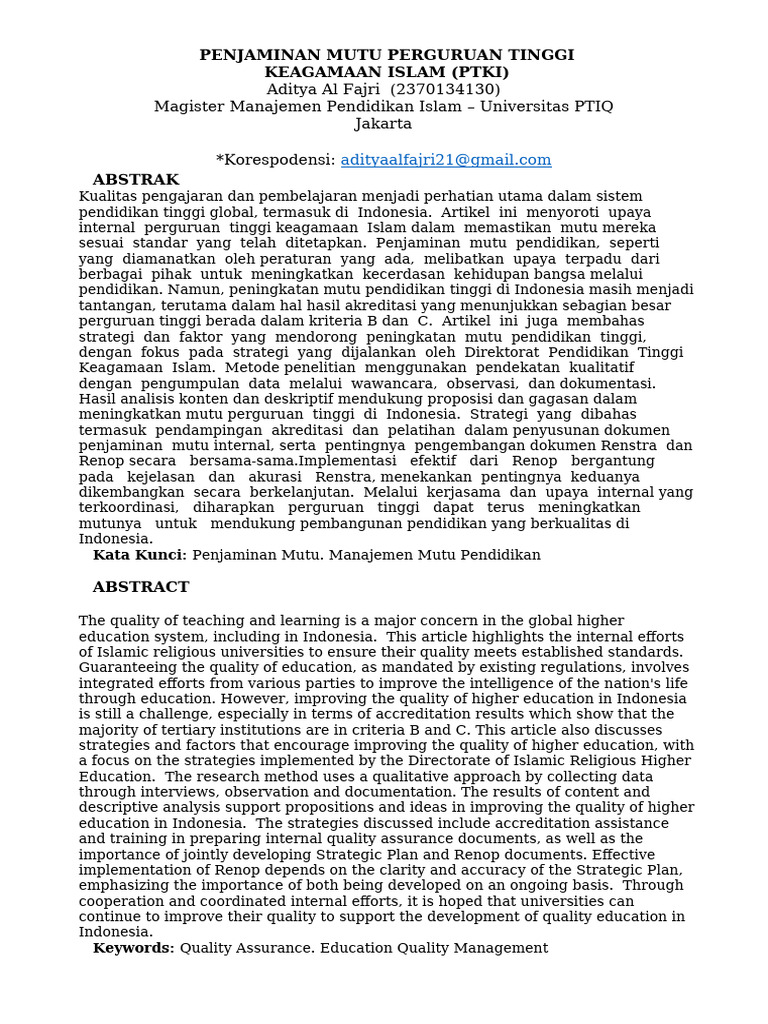 Strategi Penjaminan Mutu PTKI Indonesia | PDF
