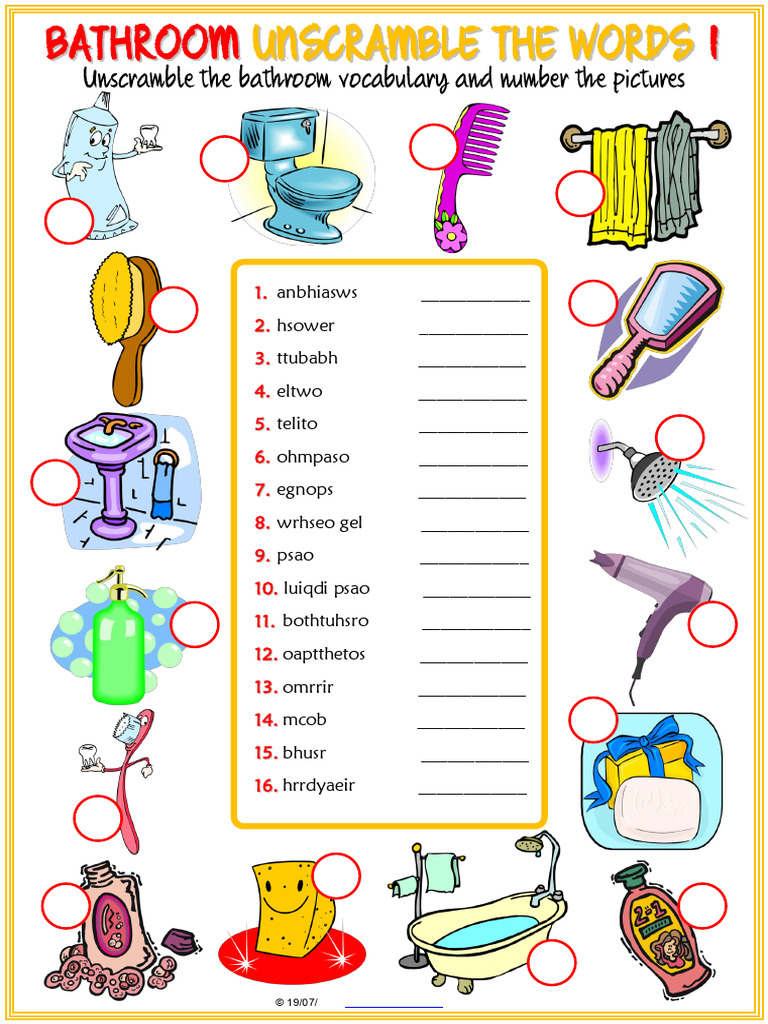 Bathroom Vocabulary Esl Unscramble The Words Worksheets For Kids | PDF ...