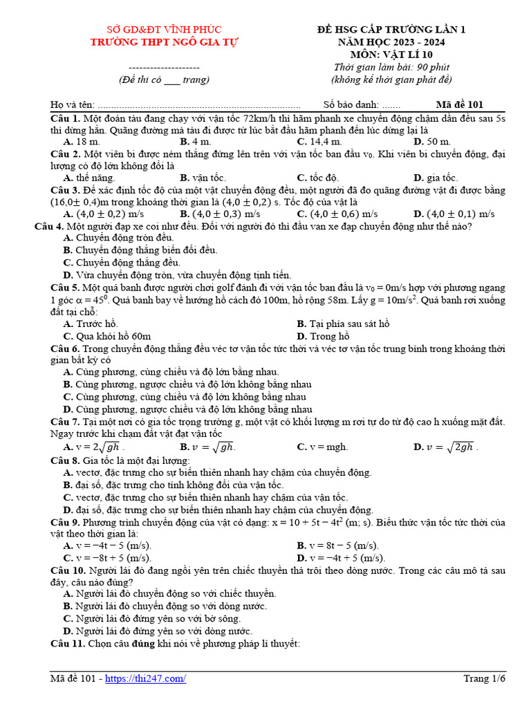 De Thi HSG Vat Li 10 Lan 1 Nam 2023 2024 Truong THPT Ngo Gia Tu Vinh Phuc | PDF