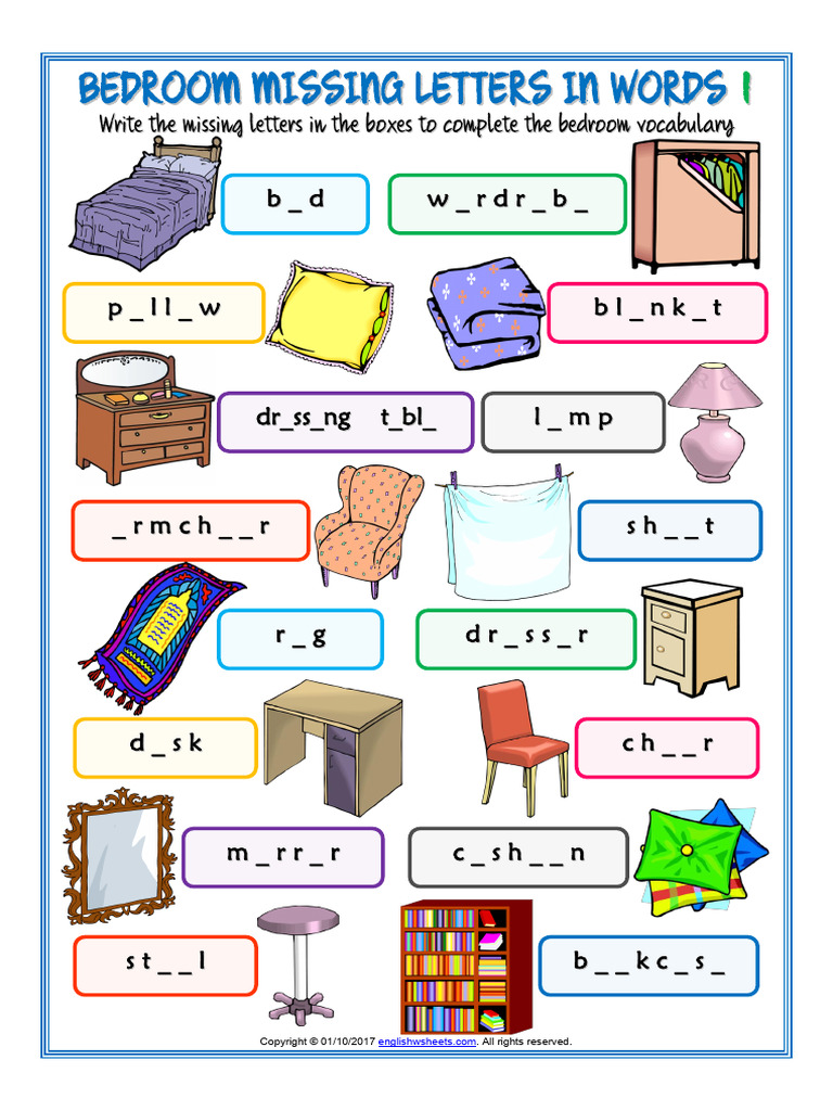 Bedroom Vocabulary Esl Missing Letters in Words Worksheets For Kids ...
