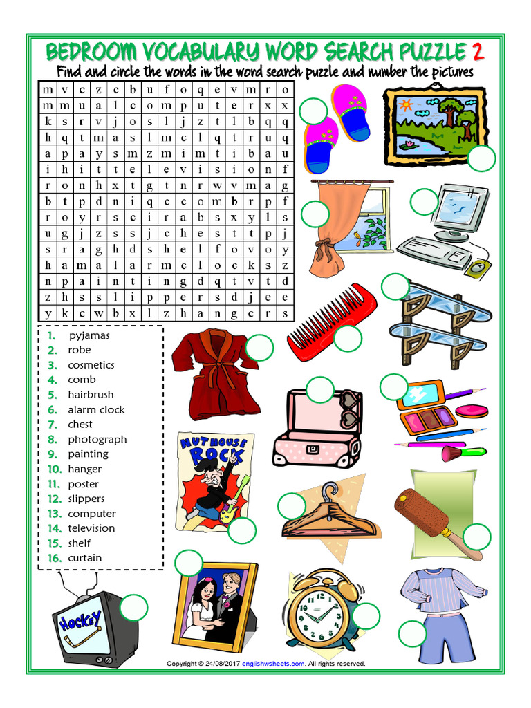 Bedroom Vocabulary Esl Word Search Puzzle Worksheets For Kids | PDF